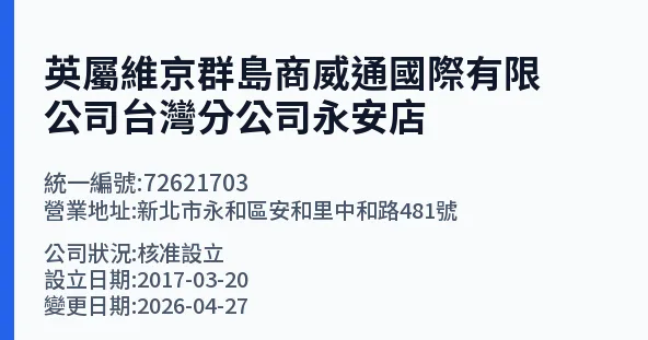 英屬維京群島商威通國際有限公司台灣分公司永安店的照片-統編 72621703(新北市) 公司登記資料與營業項目詳細圖表