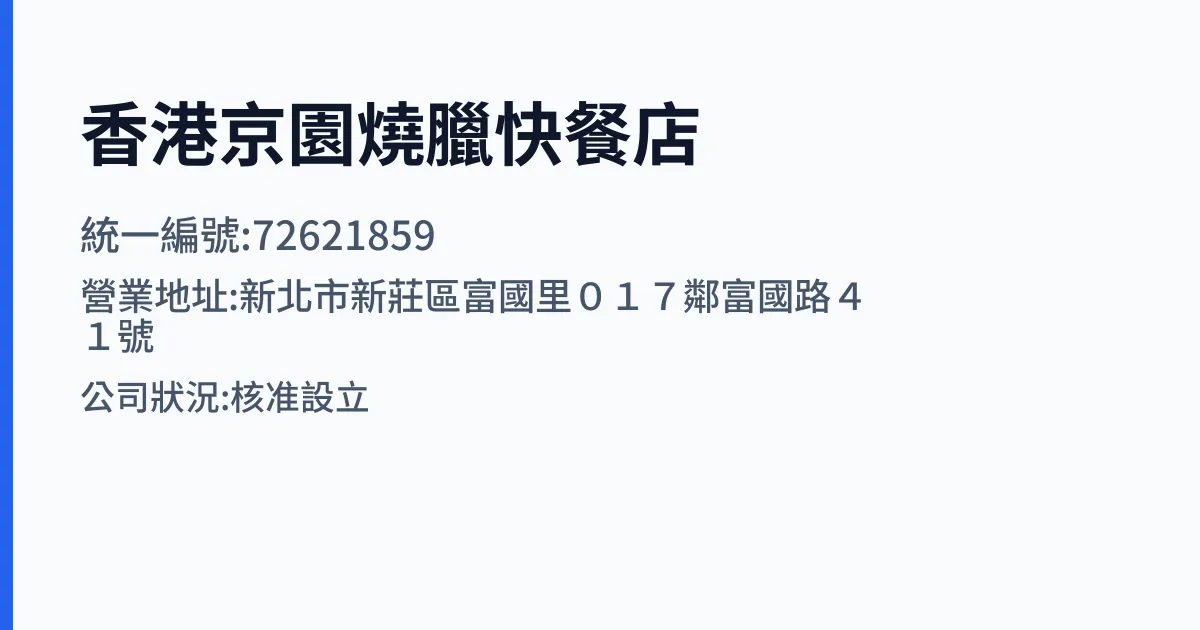 香港京園燒臘快餐店 - 統編 72621859(新北市) 公司登記資料與營業項目詳細圖表