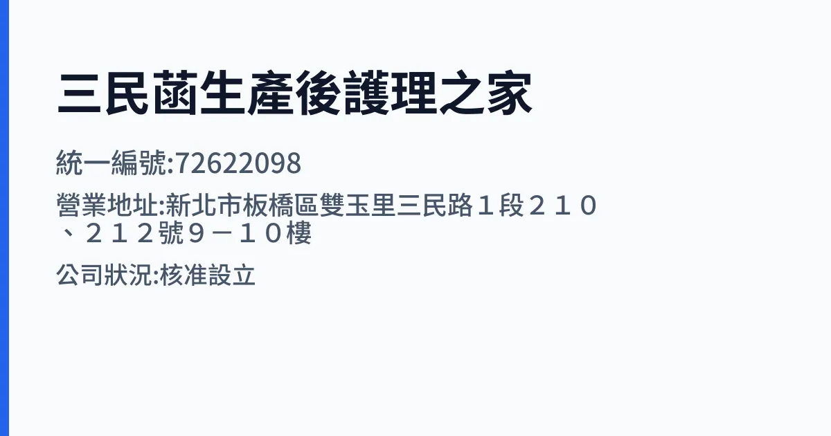 三民菡生產後護理之家 - 統編 72622098(新北市) 公司登記資料與營業項目詳細圖表