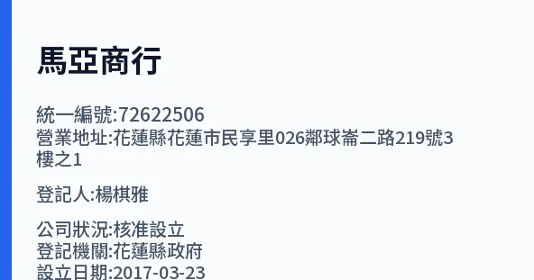 馬亞商行的照片-統編 72622506(花蓮縣) 公司登記資料與營業項目詳細圖表