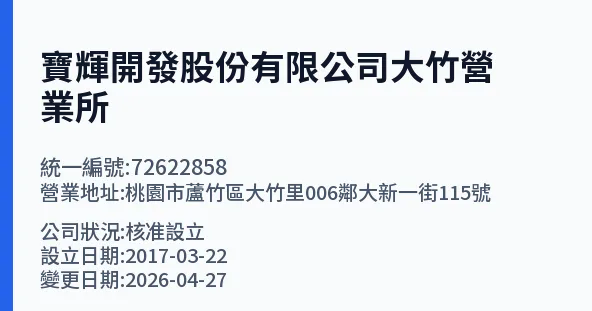 寶輝開發股份有限公司大竹營業所的照片-統編 72622858(桃園市) 公司登記資料與營業項目詳細圖表