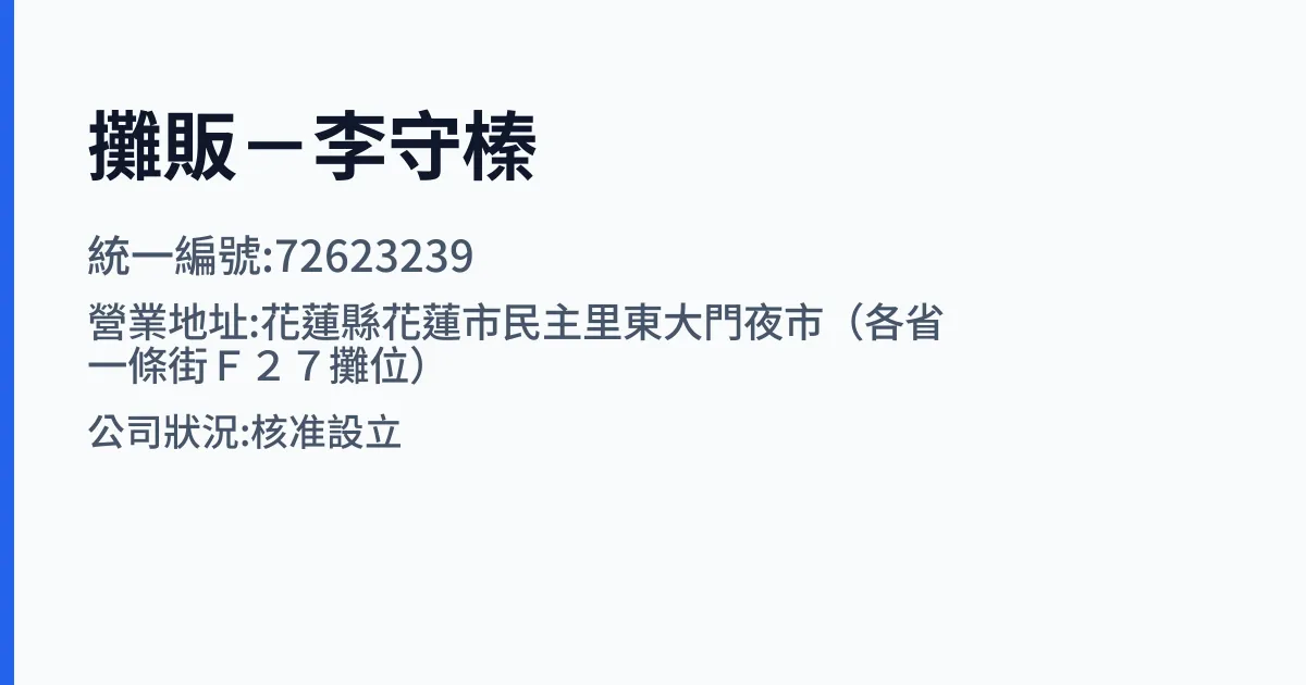 攤販－李守榛 - 統編 72623239(花蓮縣) 公司登記資料與營業項目詳細圖表