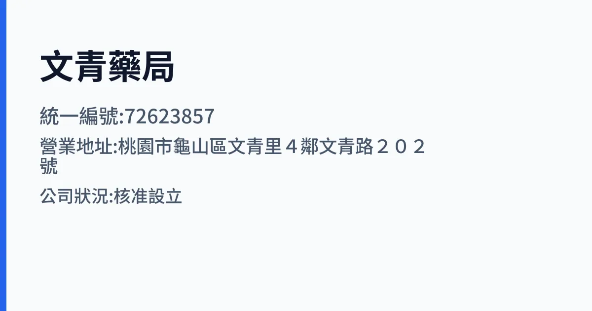 文青藥局 - 統編 72623857(桃園市) 公司登記資料與營業項目詳細圖表