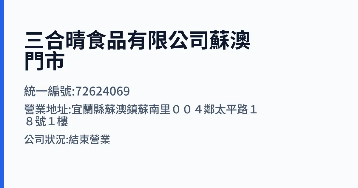 三合晴食品有限公司蘇澳門市 - 統編 72624069(宜蘭縣) 公司登記資料與營業項目詳細圖表