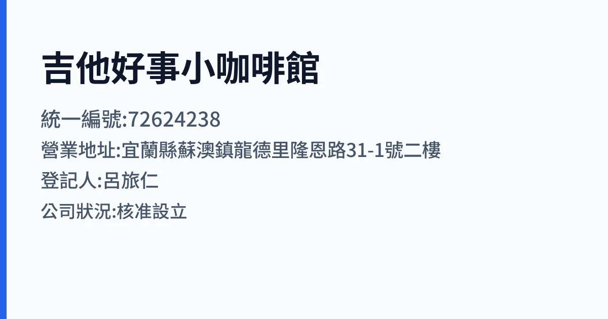 吉他好事小咖啡館 - 統編 72624238(宜蘭縣) 公司登記資料與營業項目詳細圖表