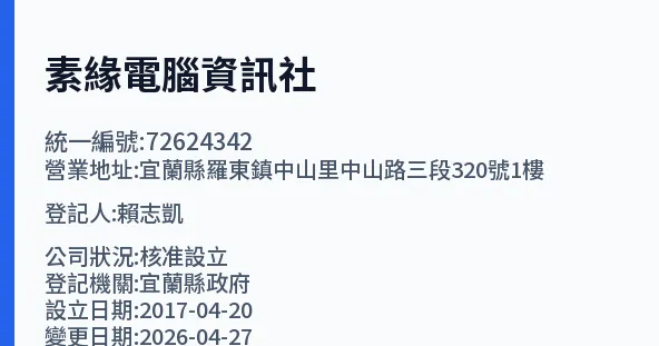 素緣電腦資訊社的照片-統編 72624342(宜蘭縣) 公司登記資料與營業項目詳細圖表