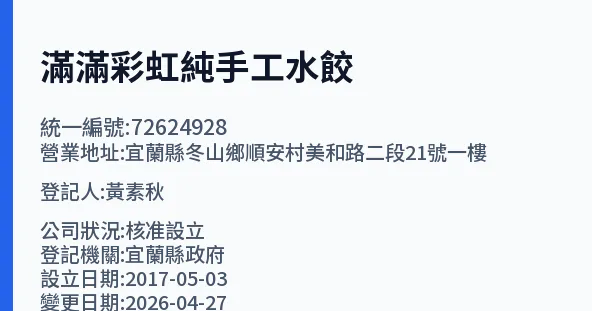 滿滿彩虹純手工水餃的照片-統編 72624928(宜蘭縣) 公司登記資料與營業項目詳細圖表