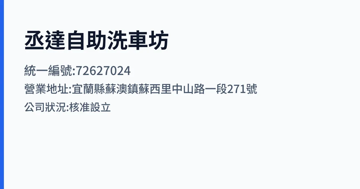 丞達自助洗車坊 - 統編 72627024(宜蘭縣) 公司登記資料與營業項目詳細圖表