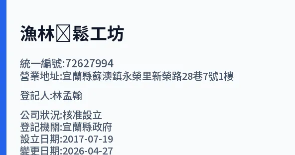 漁林鲭鬆工坊的照片-統編 72627994(宜蘭縣) 公司登記資料與營業項目詳細圖表