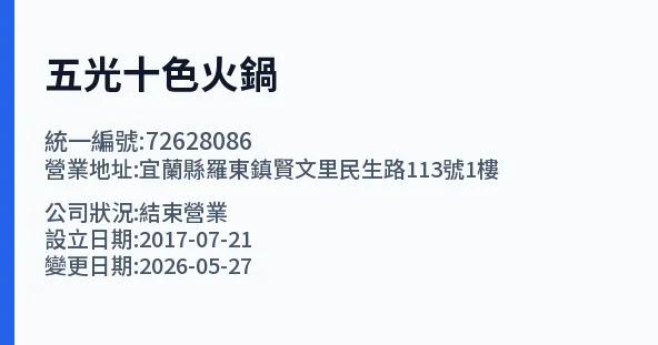 五光十色火鍋的照片-統編 72628086(宜蘭縣) 公司登記資料與營業項目詳細圖表