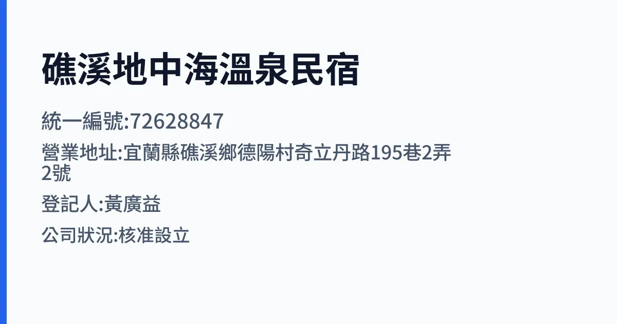 礁溪地中海溫泉民宿 - 統編 72628847(宜蘭縣) 公司登記資料與營業項目詳細圖表