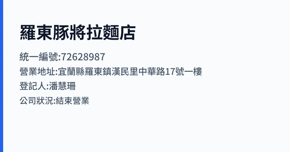 羅東豚將拉麵店 - 統編 72628987(宜蘭縣) 公司登記資料與營業項目詳細圖表