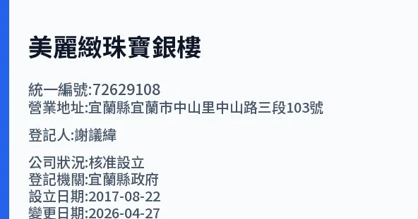 美麗緻珠寶銀樓的照片-統編 72629108(宜蘭縣) 公司登記資料與營業項目詳細圖表