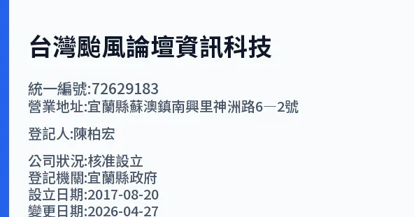 台灣颱風論壇資訊科技的照片-統編 72629183(宜蘭縣) 公司登記資料與營業項目詳細圖表