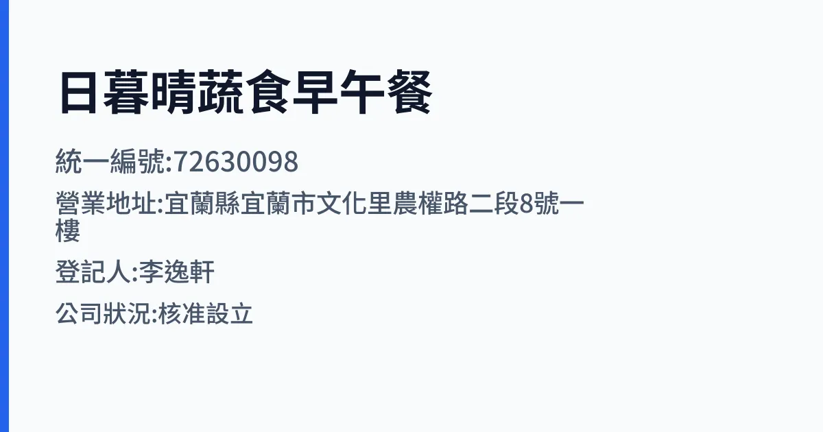 日暮晴蔬食早午餐 - 統編 72630098(宜蘭縣) 公司登記資料與營業項目詳細圖表