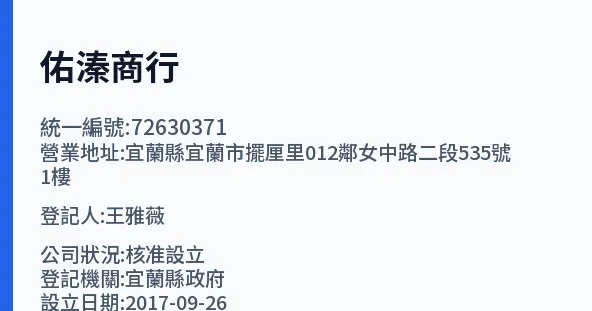 佑溱商行的照片-統編 72630371(宜蘭縣) 公司登記資料與營業項目詳細圖表