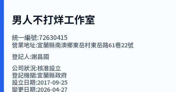 男人不打烊工作室的照片-統編 72630415(宜蘭縣) 公司登記資料與營業項目詳細圖表