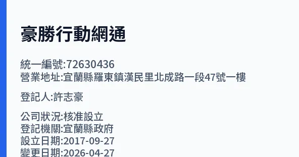 豪勝行動網通的照片-統編 72630436(宜蘭縣) 公司登記資料與營業項目詳細圖表