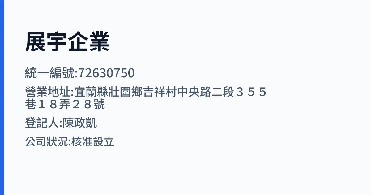 展宇企業 - 統編 72630750(宜蘭縣) 公司登記資料與營業項目詳細圖表