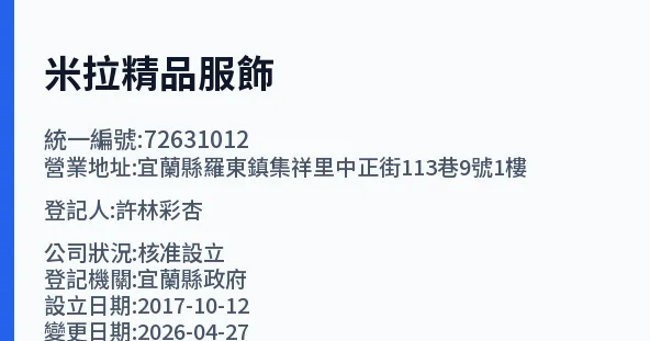 米拉精品服飾的照片-統編 72631012(宜蘭縣) 公司登記資料與營業項目詳細圖表