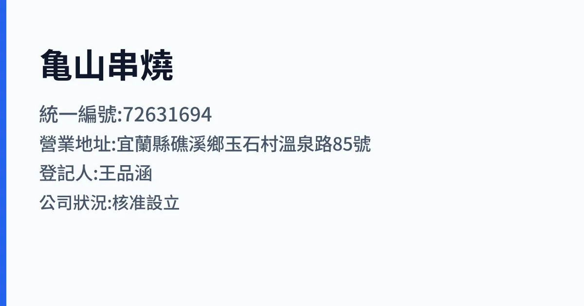 亀山串燒 - 統編 72631694(宜蘭縣) 公司登記資料與營業項目詳細圖表