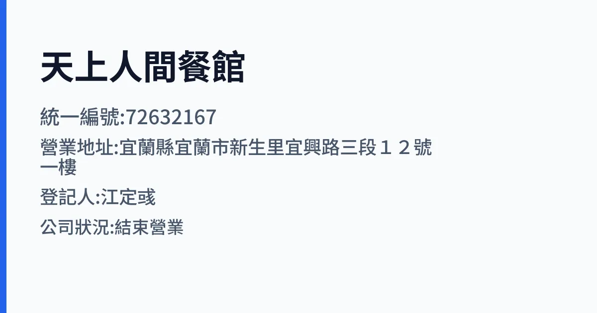 天上人間餐館 - 統編 72632167(宜蘭縣) 公司登記資料與營業項目詳細圖表