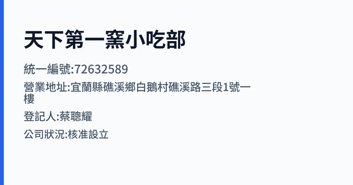 天下第一窯小吃部 - 統編 72632589(宜蘭縣) 公司登記資料與營業項目詳細圖表