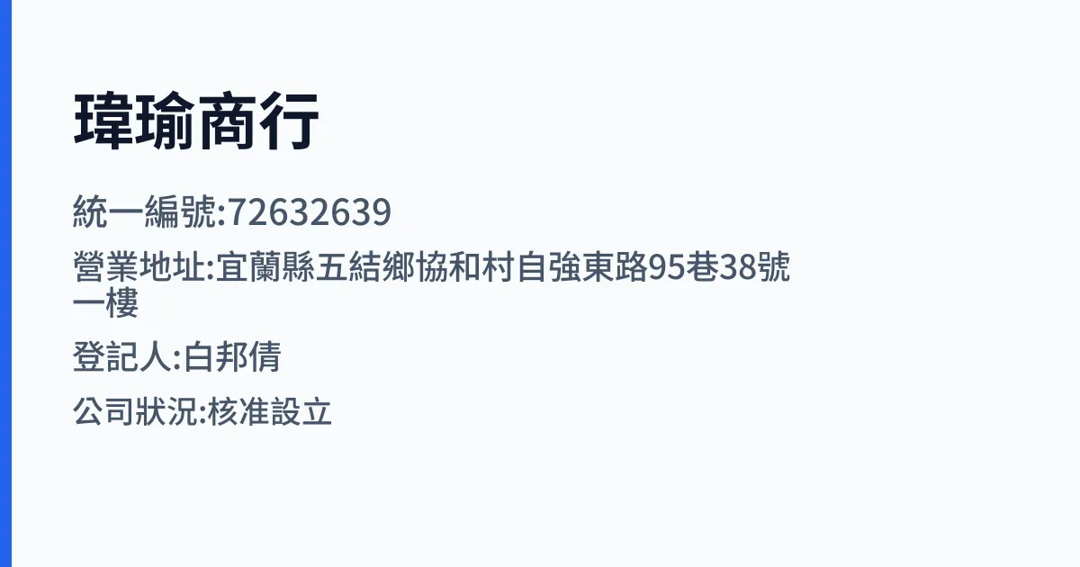 瑋瑜商行 - 統編 72632639(宜蘭縣) 公司登記資料與營業項目詳細圖表
