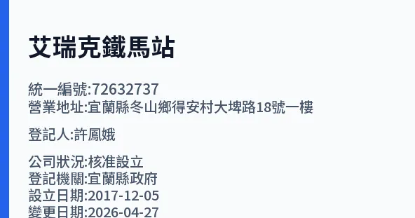 艾瑞克鐵馬站的照片-統編 72632737(宜蘭縣) 公司登記資料與營業項目詳細圖表