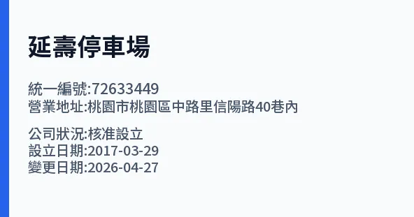 延壽停車場的照片-統編 72633449(桃園市) 公司登記資料與營業項目詳細圖表
