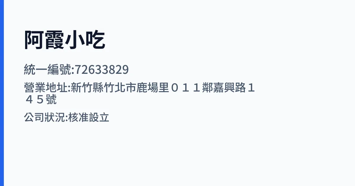 阿霞小吃 - 統編 72633829(新竹縣) 公司登記資料與營業項目詳細圖表