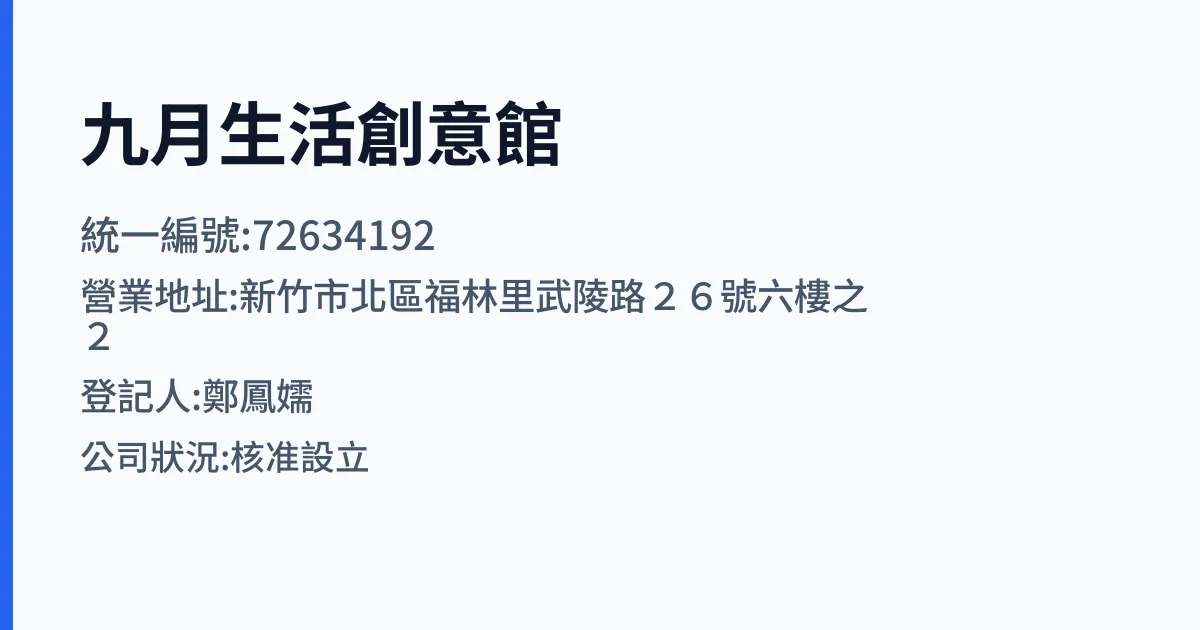 九月生活創意館 - 統編 72634192（新竹市） 公司登記資料與營業項目詳細圖表