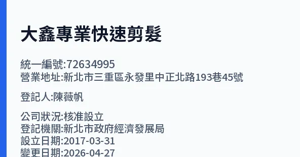 大鑫專業快速剪髮的照片-統編 72634995(新北市) 公司登記資料與營業項目詳細圖表