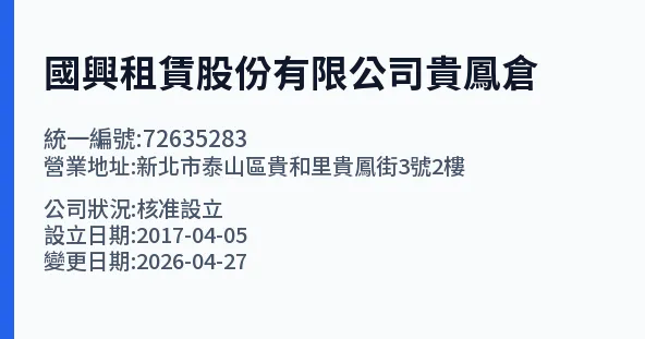 國興租賃股份有限公司貴鳳倉的照片-統編 72635283(新北市) 公司登記資料與營業項目詳細圖表