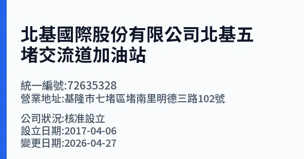 北基國際股份有限公司北基五堵交流道加油站的照片-統編 72635328(基隆市) 公司登記資料與營業項目詳細圖表