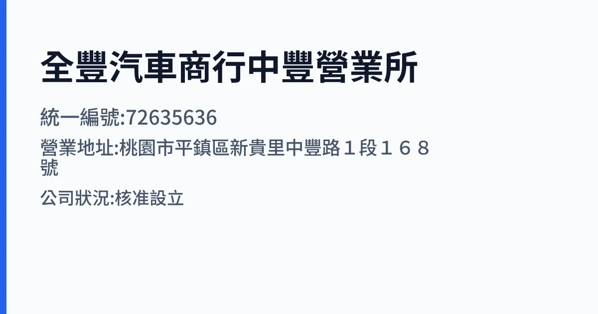 全豐汽車商行中豐營業所 - 統編 72635636(桃園市) 公司登記資料與營業項目詳細圖表