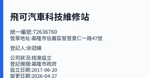 飛可汽車科技維修站的照片-統編 72636760(基隆市) 公司登記資料與營業項目詳細圖表