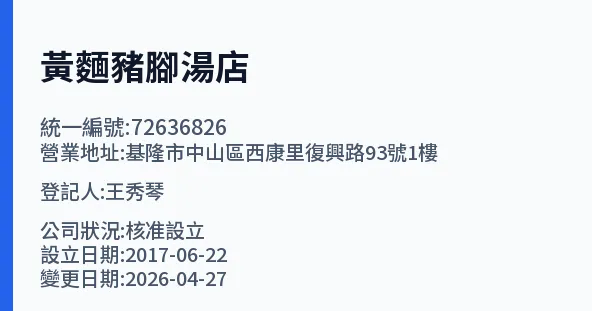 黃麵豬腳湯店的照片-統編 72636826(基隆市) 公司登記資料與營業項目詳細圖表