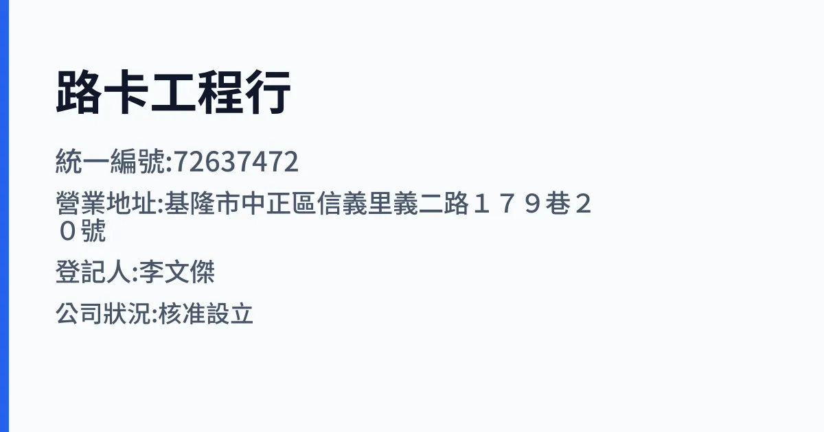 路卡工程行 - 統編 72637472(基隆市) 公司登記資料與營業項目詳細圖表