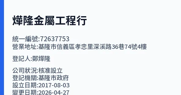 燁隆金屬工程行的照片-統編 72637753(基隆市) 公司登記資料與營業項目詳細圖表