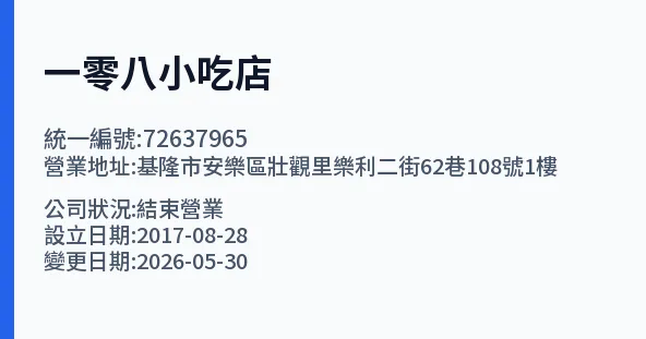 一零八小吃店的照片-統編 72637965(基隆市) 公司登記資料與營業項目詳細圖表