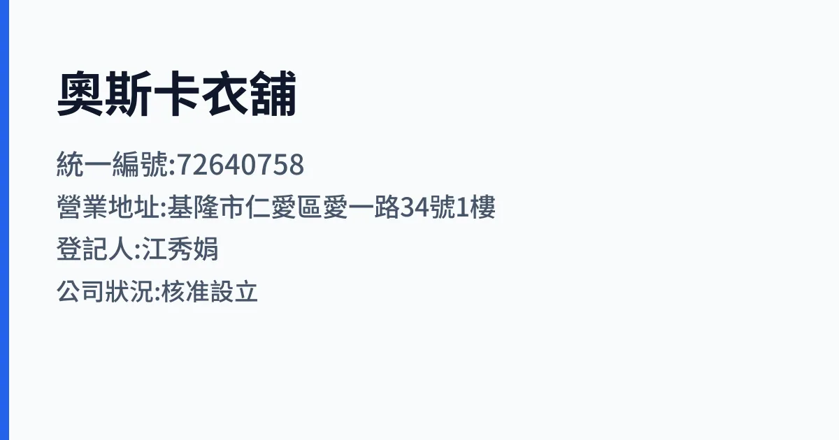 奧斯卡衣舖 - 統編 72640758（基隆市） 公司登記資料與營業項目詳細圖表