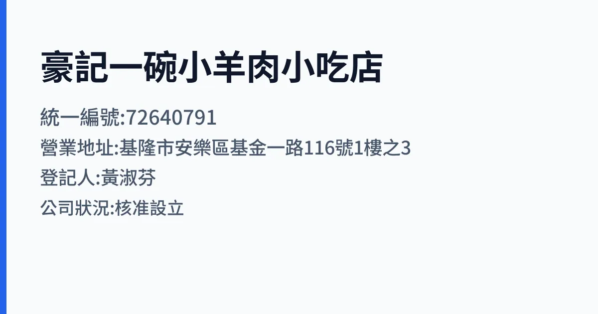豪記一碗小羊肉小吃店 - 統編 72640791(基隆市) 公司登記資料與營業項目詳細圖表