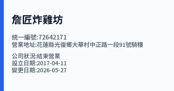 詹匠炸雞坊的照片-統編 72642171(花蓮縣) 公司登記資料與營業項目詳細圖表