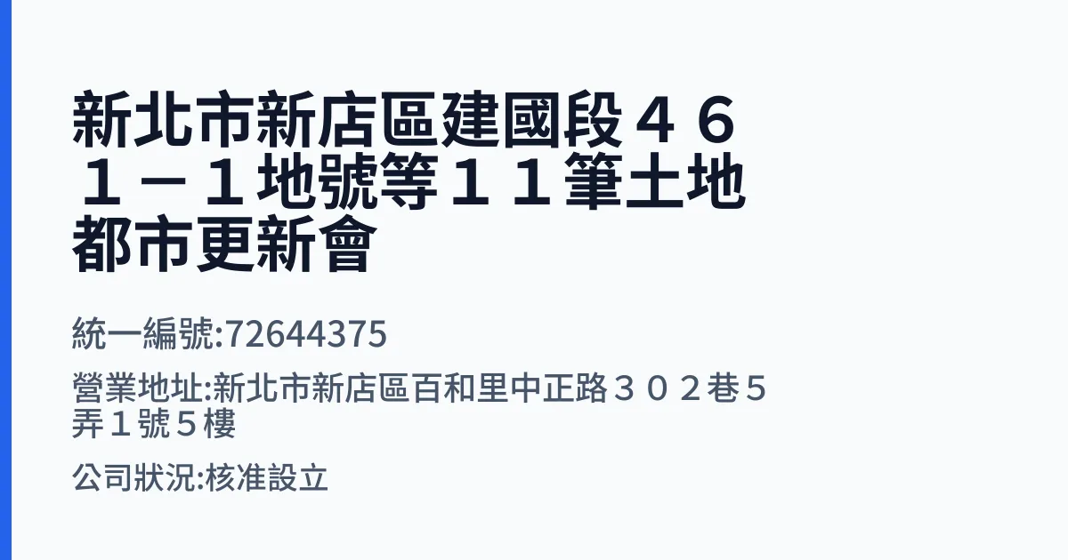 新北市新店區建國段461-1地號等11筆土地都市更新會 - 統編 72644375(新北市) 公司登記資料與營業項目詳細圖表