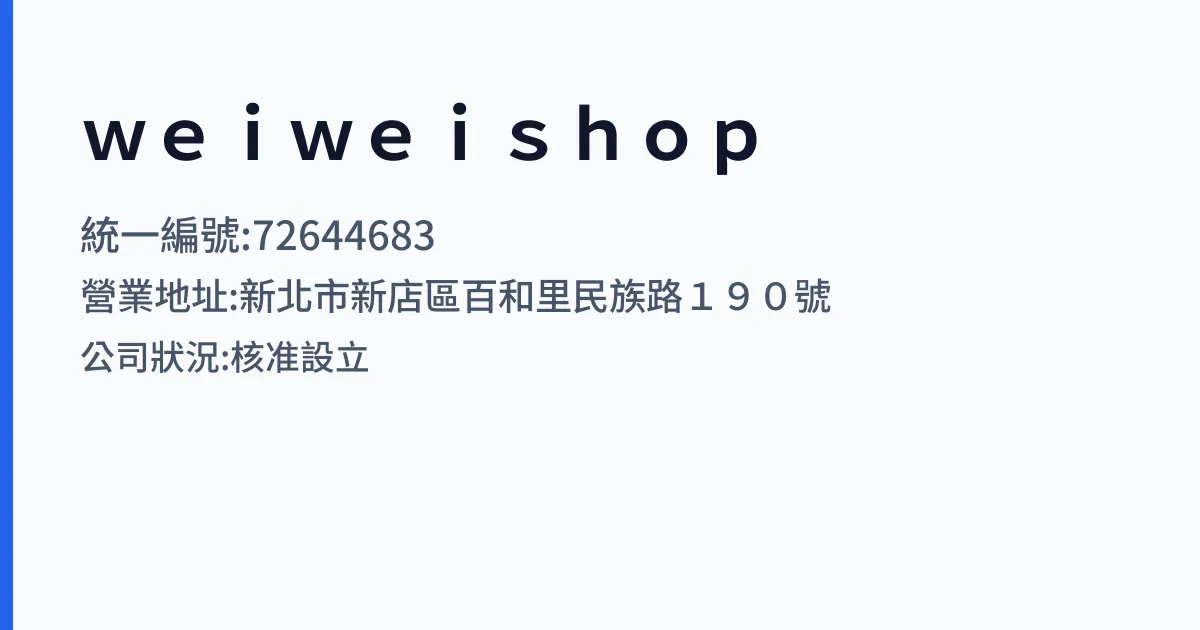 ｗｅｉｗｅｉｓｈｏｐ - 統編 72644683(新北市) 公司登記資料與營業項目詳細圖表