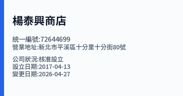 楊泰興商店的照片-統編 72644699(新北市) 公司登記資料與營業項目詳細圖表