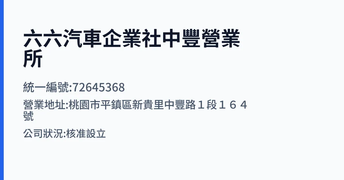 六六汽車企業社中豐營業所 - 統編 72645368(桃園市) 公司登記資料與營業項目詳細圖表