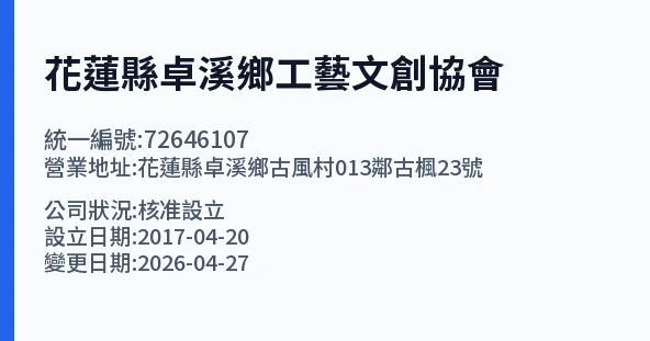 花蓮縣卓溪鄉工藝文創協會的照片-統編 72646107(花蓮縣) 公司登記資料與營業項目詳細圖表