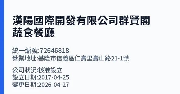漢陽國際開發有限公司群賢閣蔬食餐廳的照片-統編 72646818(基隆市) 公司登記資料與營業項目詳細圖表